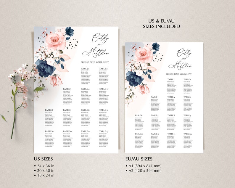 Navy Blue and Blush Pink Seating Chart Template INSTANT | Etsy