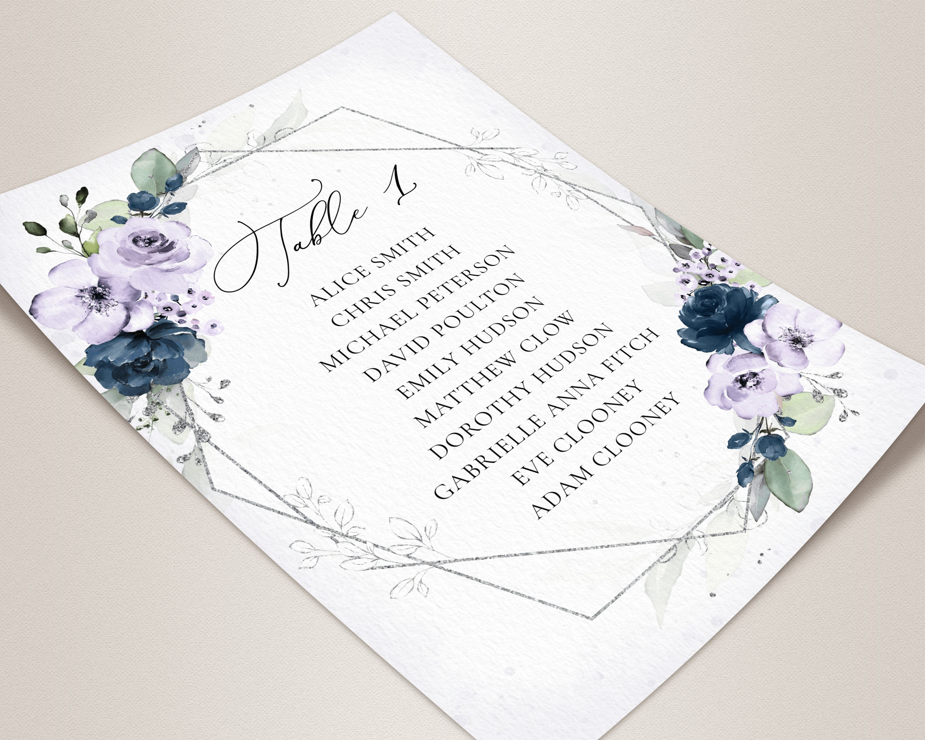 Navy Blue and Lavender Wedding Seating Table Cards Template - Etsy