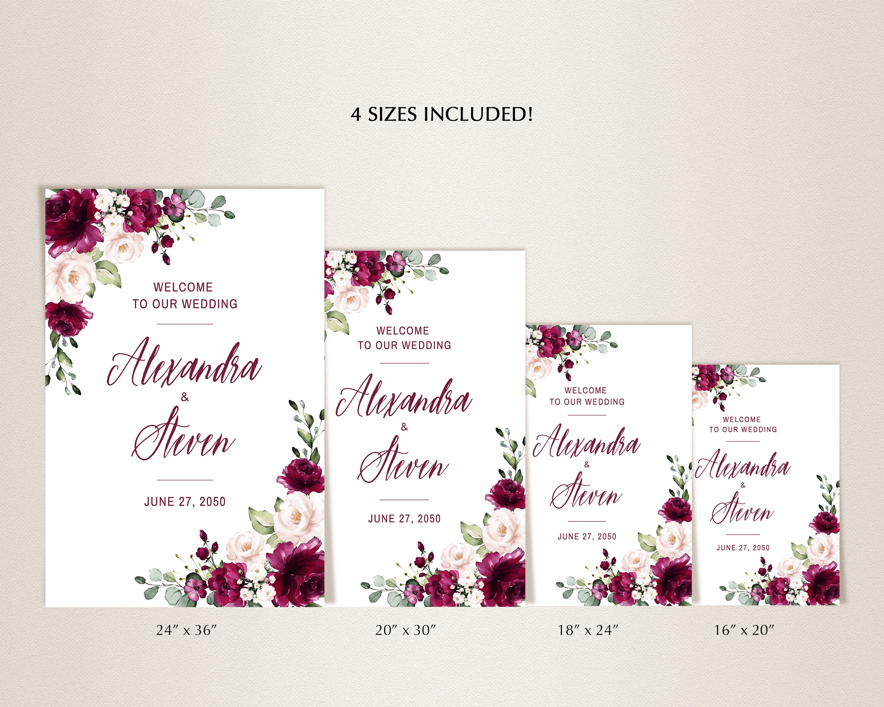 Burgundy Wedding Welcome Sign Template Marsala Welcome Sign | Etsy