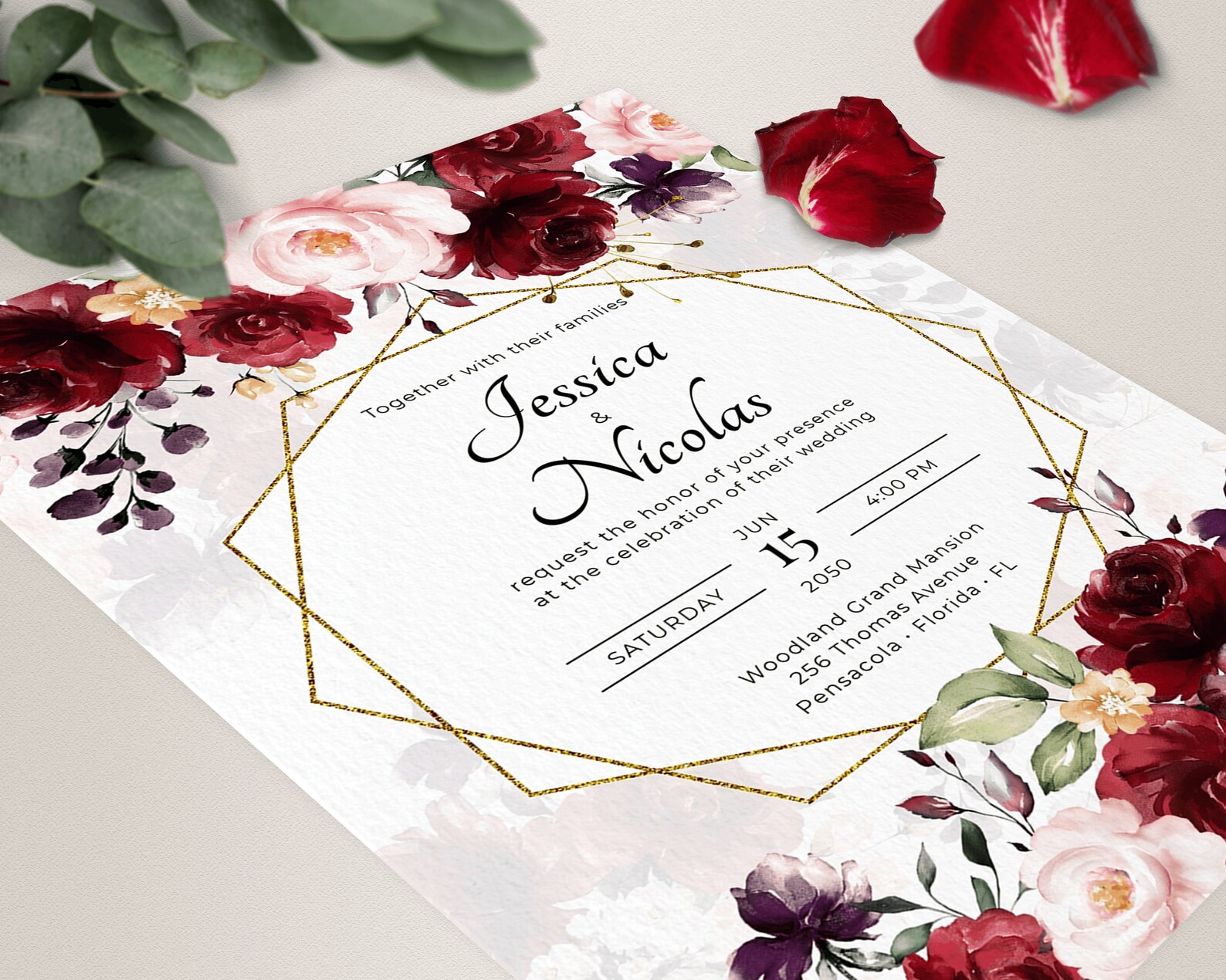 Burgundy Wedding Invitation Template Floral Marsala Wedding - Etsy
