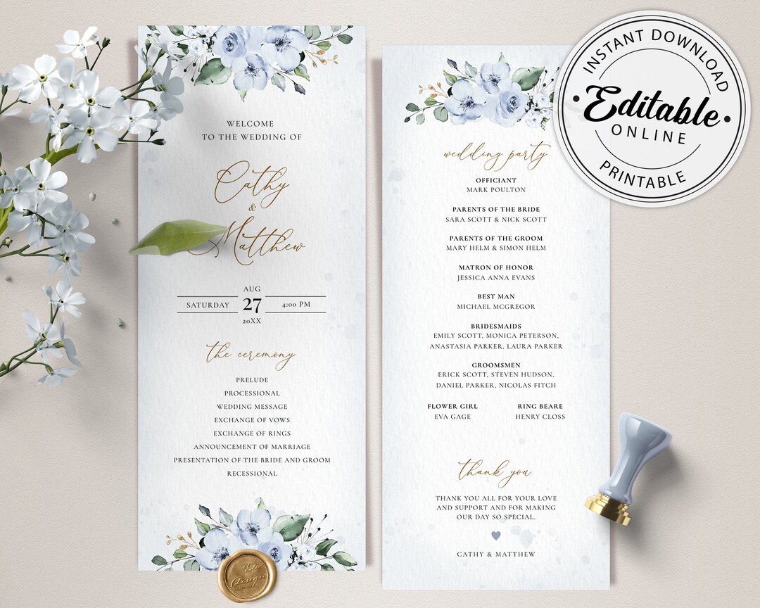 Blue Wedding Program Template, Printable Floral Wedding Program ...