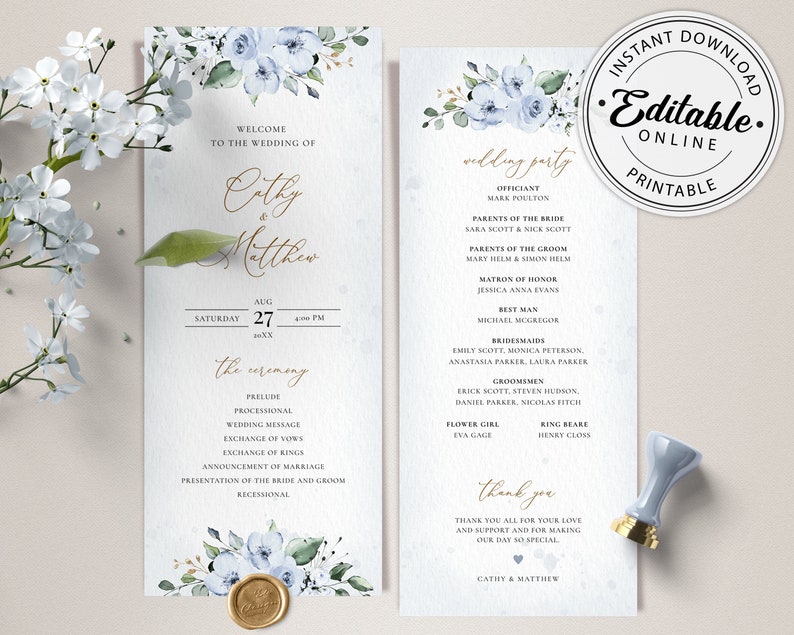 Blue Wedding Program Template Printable Floral Wedding - Etsy