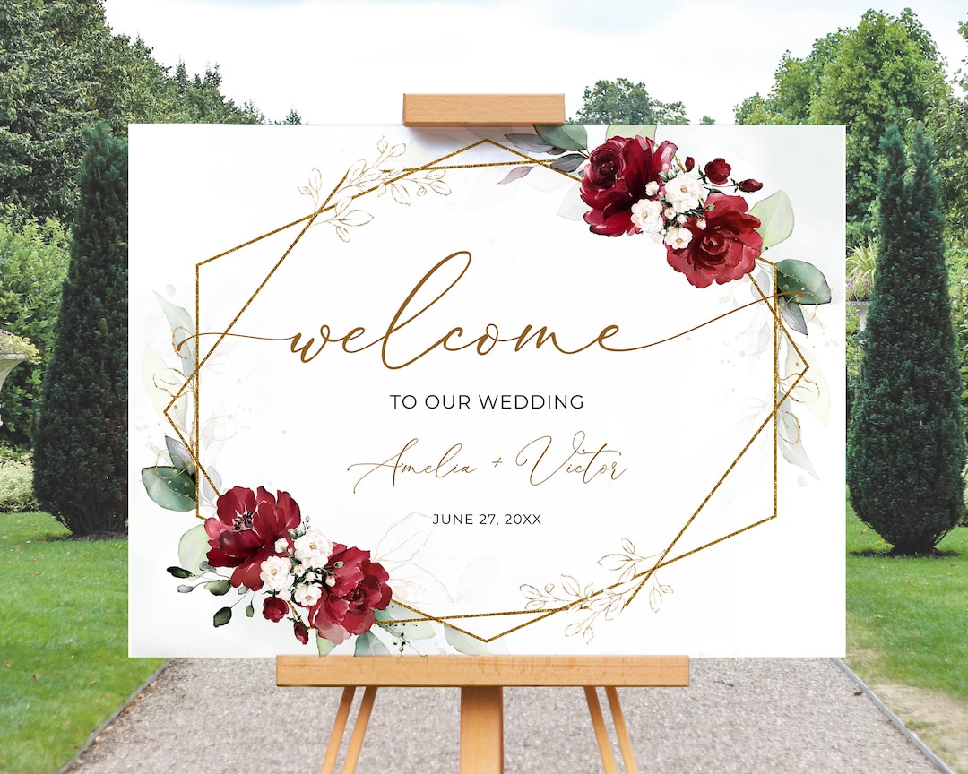 Burgundy Wedding Welcome Sign Template, Horizontal Welcome Sign ...