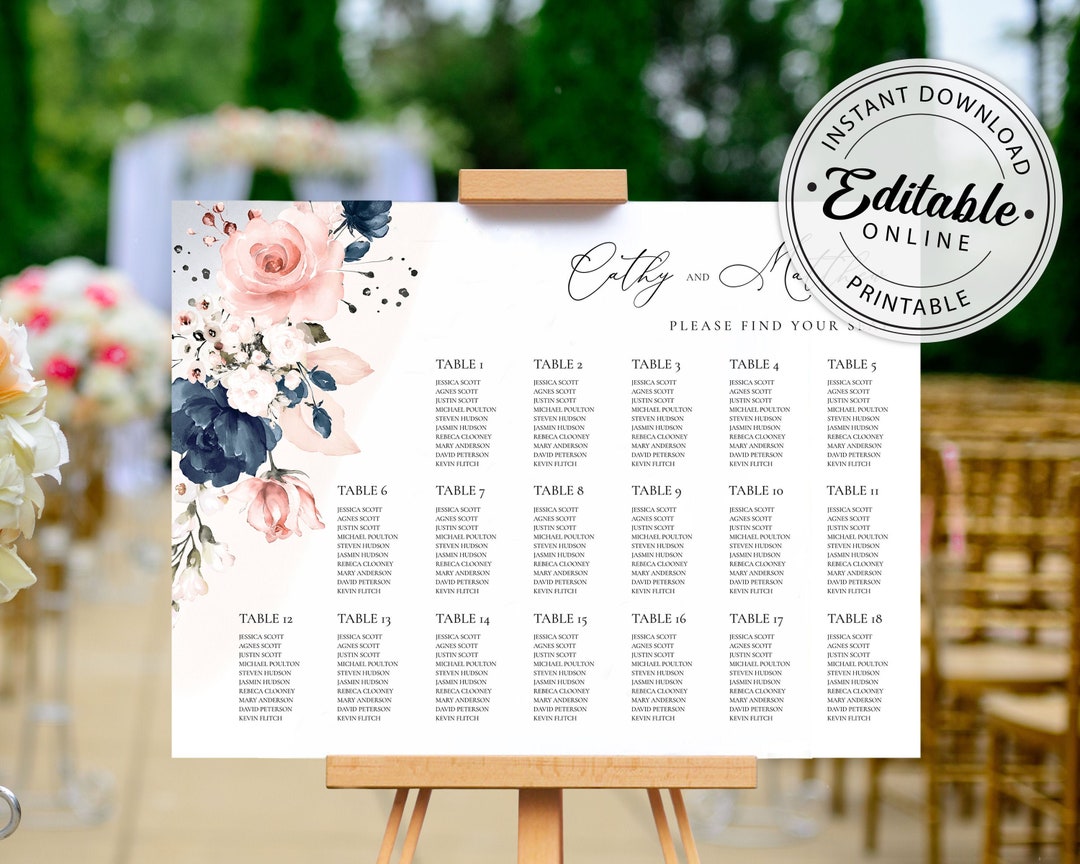 Navy Blue and Blush Pink Seating Chart Template INSTANT DOWNLOAD ...