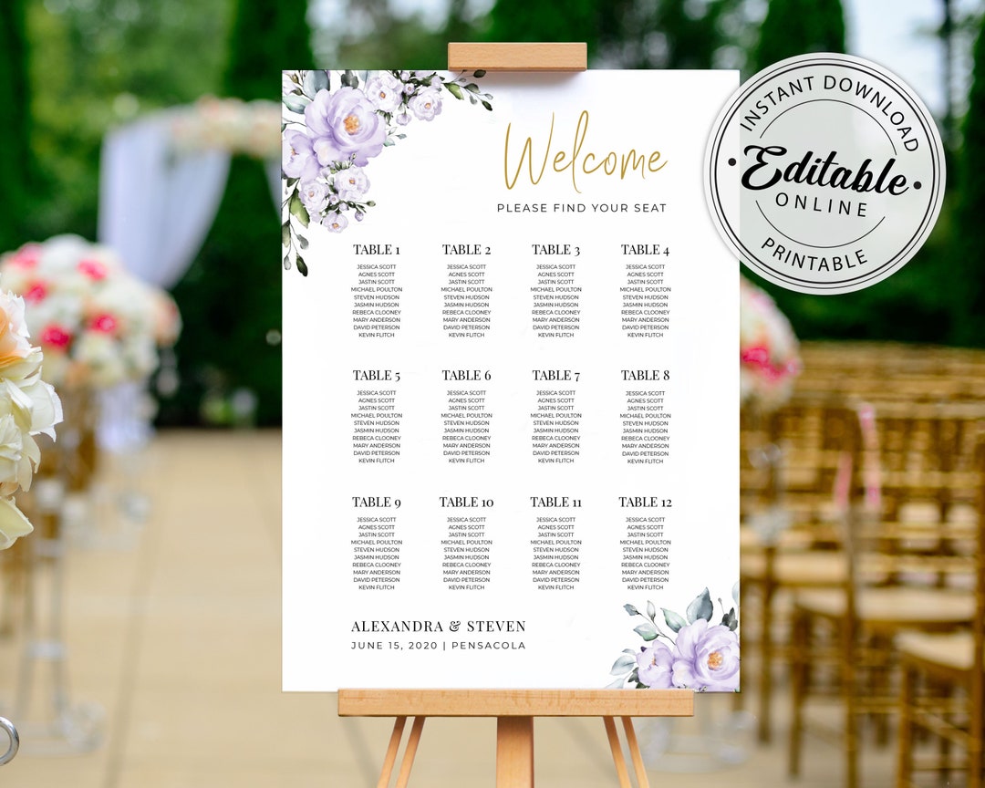 Lavender Wedding Seating Chart Template, Floral Seating Plan Template ...