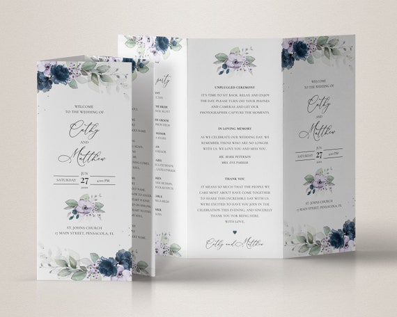 Trifold Wedding Program Template With Navy Blue and Lavender - Etsy