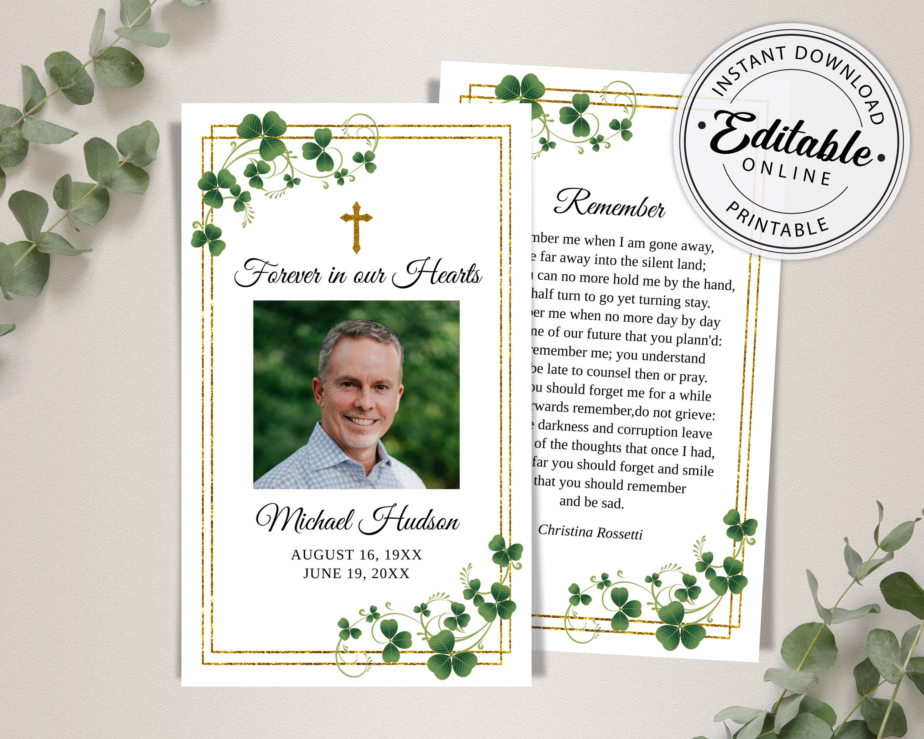 Editable Funeral Prayer Card Template With Shamrocks, Printable ...