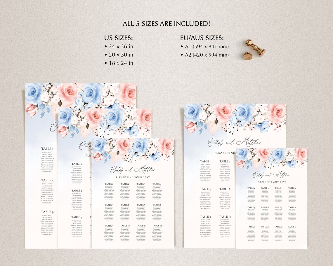 Blue and Blush Pink Floral Wedding Seating Chart Template (digital ...