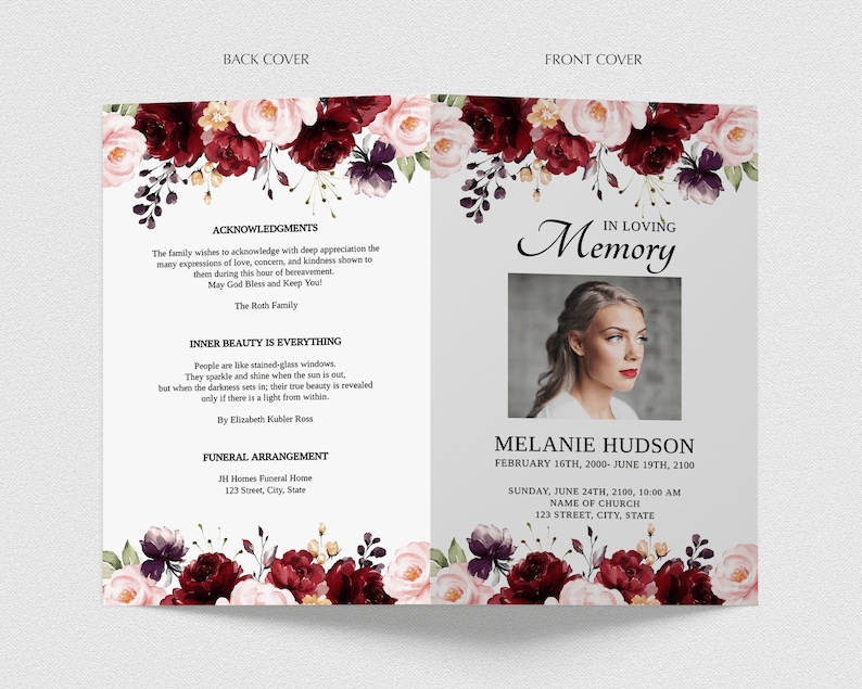 Editable Funeral Program Template with Burgundy Roses Floral | Etsy