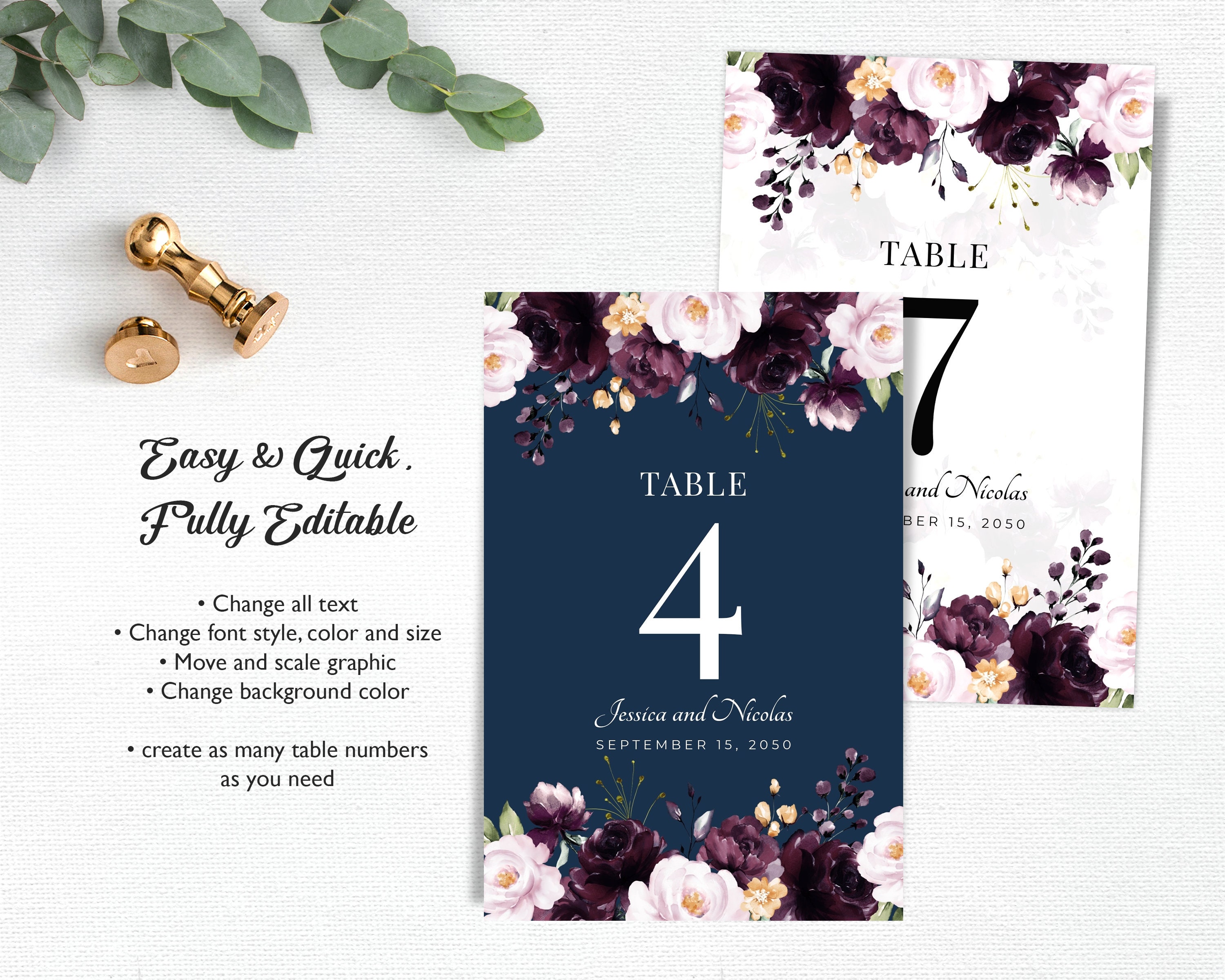 Purple Wedding Table Numbers Template INSTANT DOWNLOAD - Etsy
