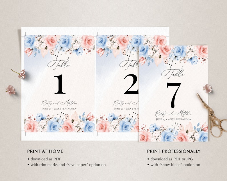 Dusty Blue and Blush Pink Table Numbers Template, Wedding Table Number ...