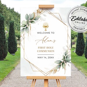 Greenery First Holy Communion Welcome Sign Template INSTANT DOWNLOAD ...