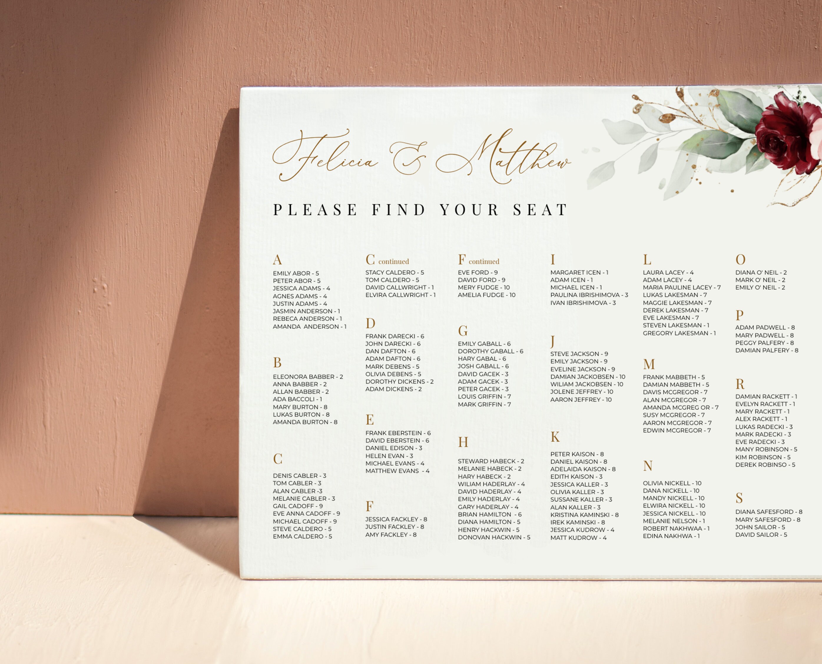 Alphabetical Wedding Seating Chart Template With Burgundy and | Etsy