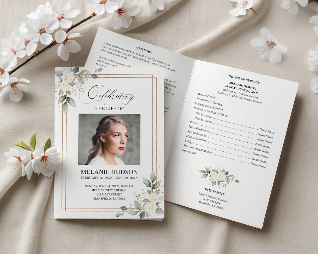 Printable Floral Bi-fold Funeral Program Template • Editable Memorial ...