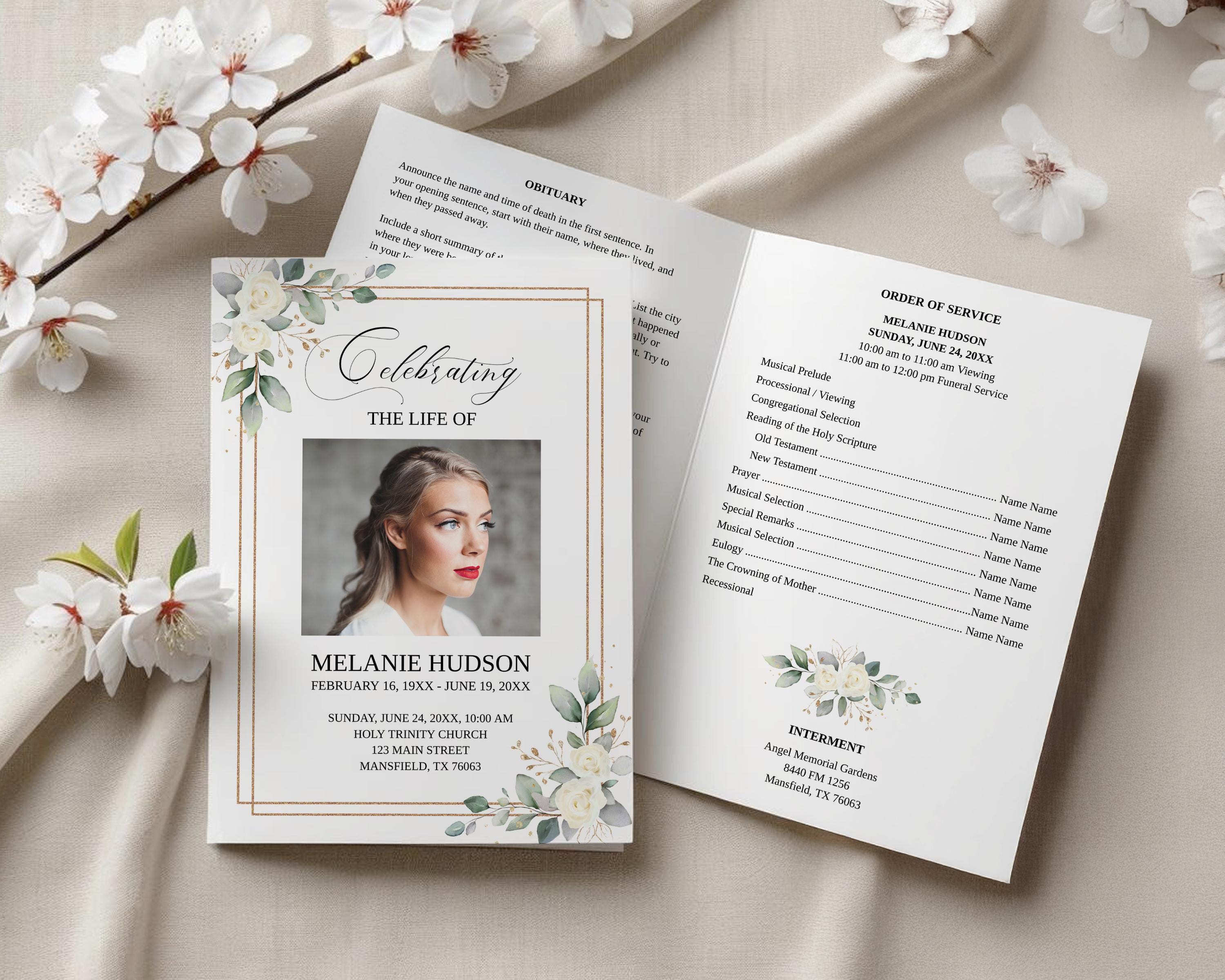 Printable Floral Bi-fold Funeral Program Template • Editable Memorial ...