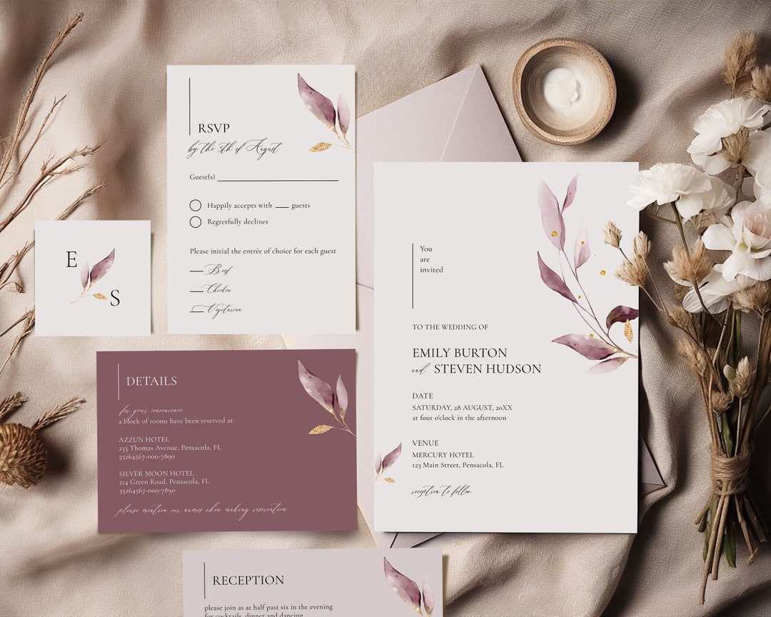 Modern Mauve Wedding Invitation Template Suite, Wedding Invite Template ...