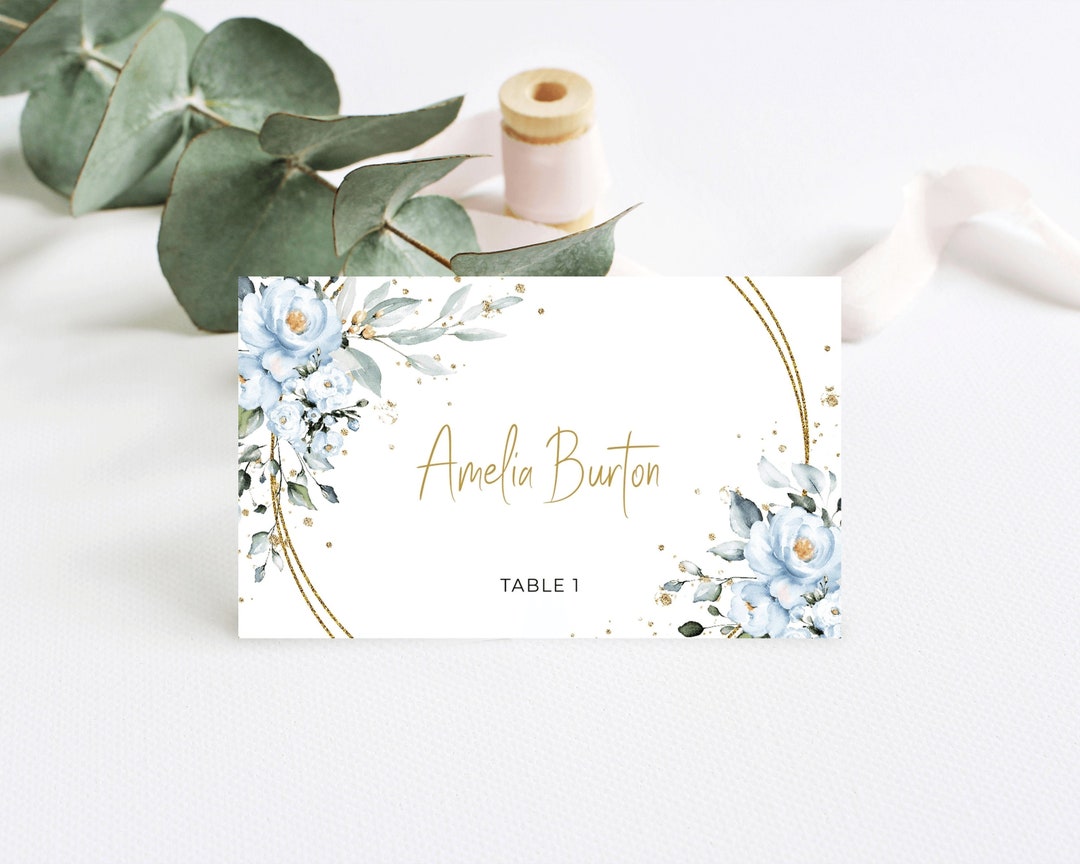 Blue Wedding Place Cards, Floral Place Cards Flat and Tent Folded ...