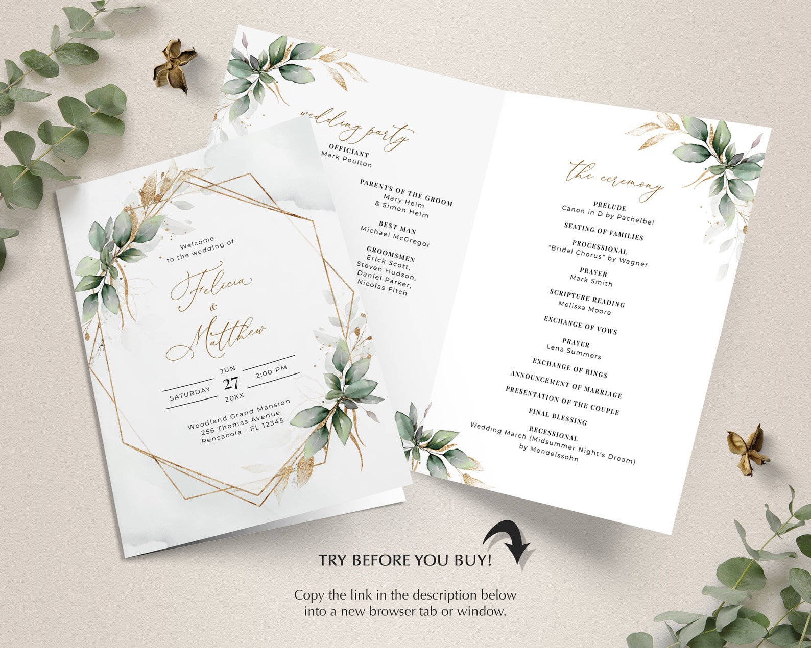 Bi-fold Greenery Wedding Program Template, Wedding Order of Service ...