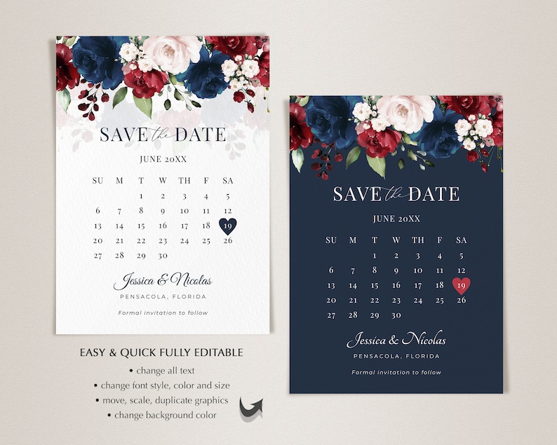 Burgundy and Navy Blue Calendar Wedding Save the Date Template - Etsy