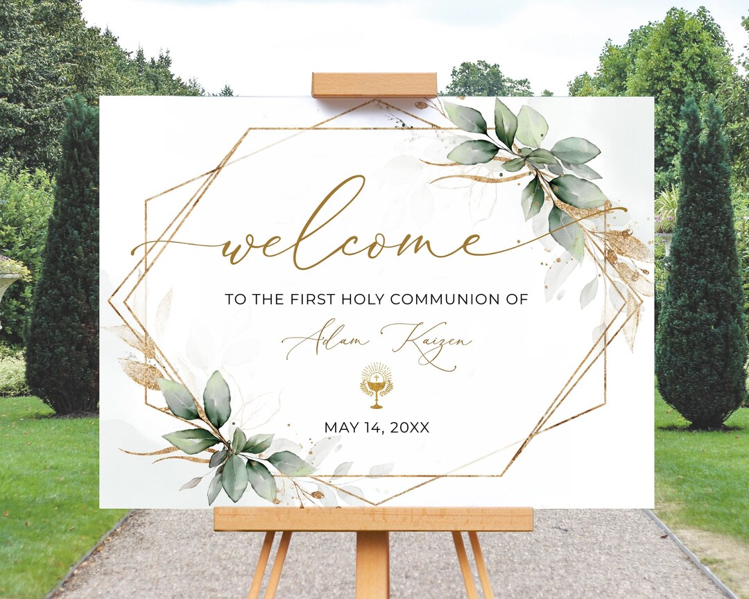 Greenery First Holy Communion Welcome Sign Template INSTANT DOWNLOAD ...