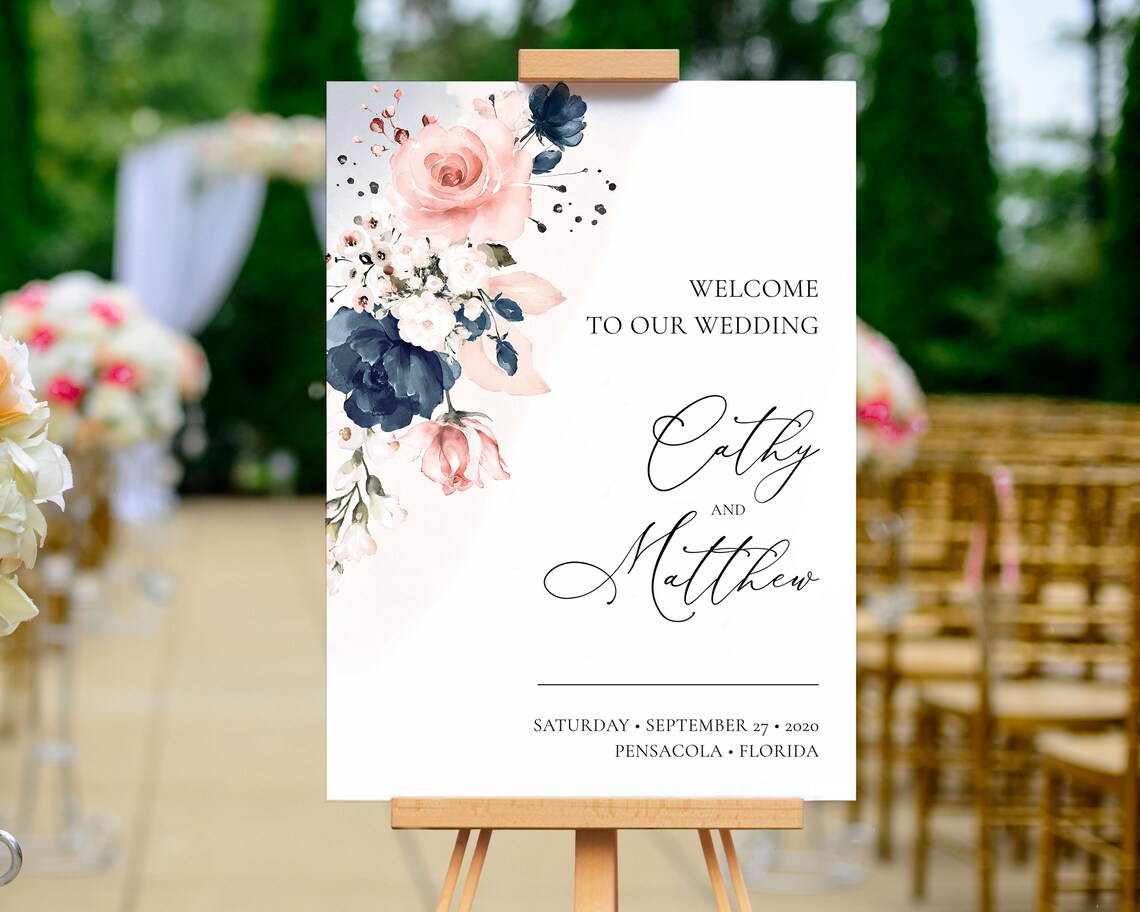 Navy Blue and Blush Pink Welcome Sign Template • INSTANT DOWNLOAD ...
