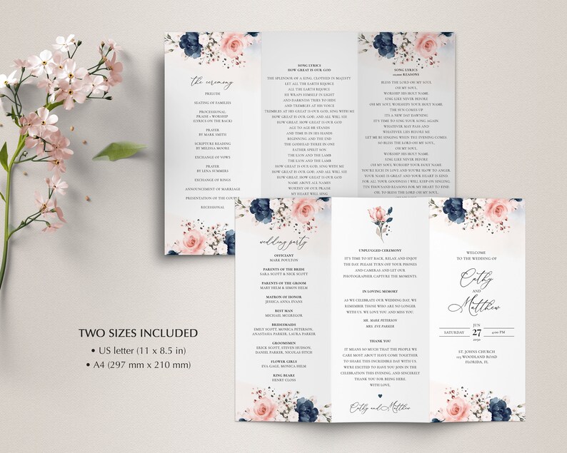 Trifold Wedding Program Template With Navy Blue and Blush Pink Roses ...