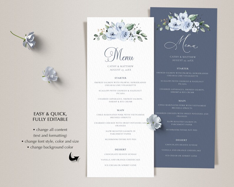 Blue Menu Template Wedding Bridal Shower Dinner Brunch | Etsy