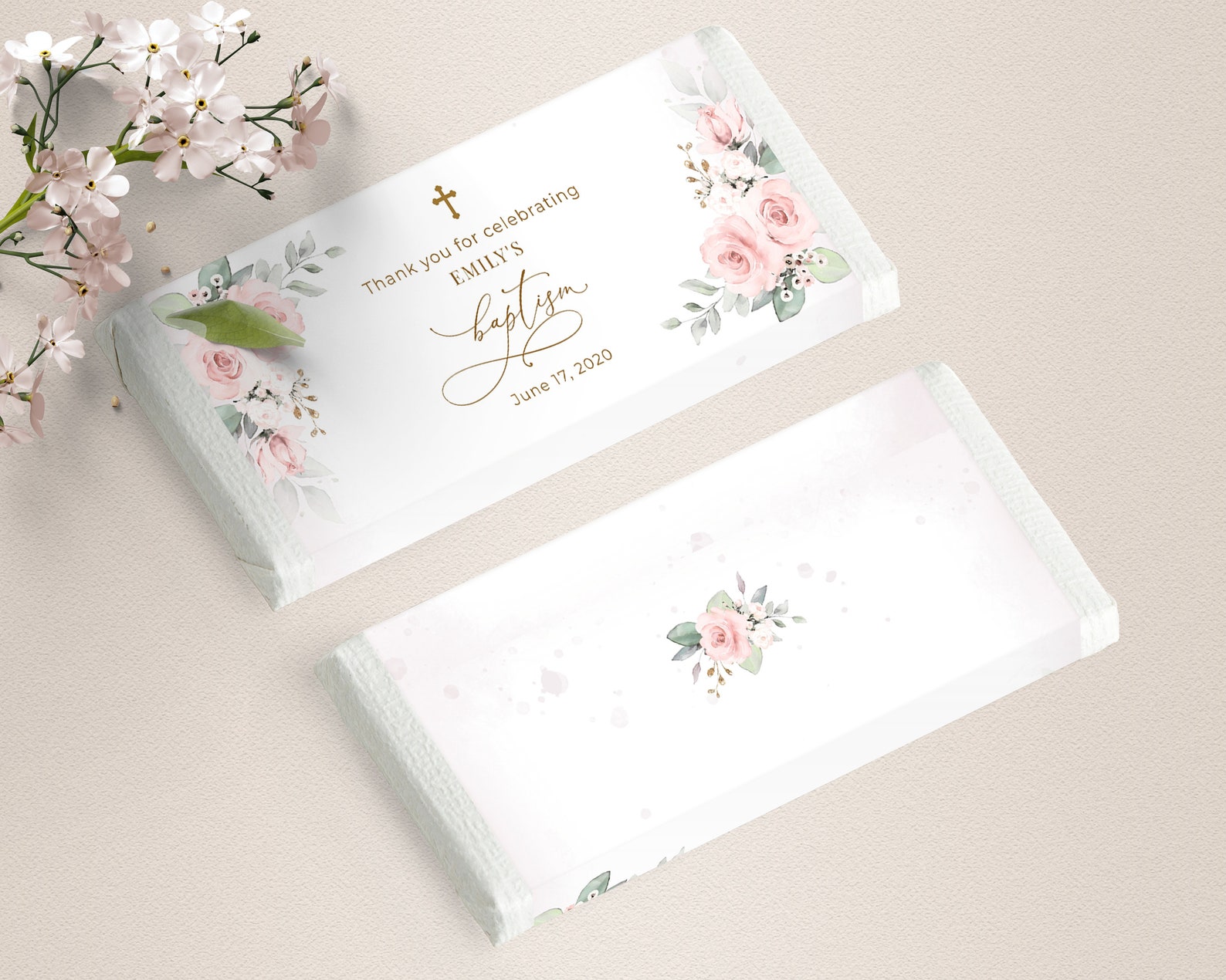 Baptism Chocolate Wrapper Template, Baptism Chocolate Bar Label, Blush ...