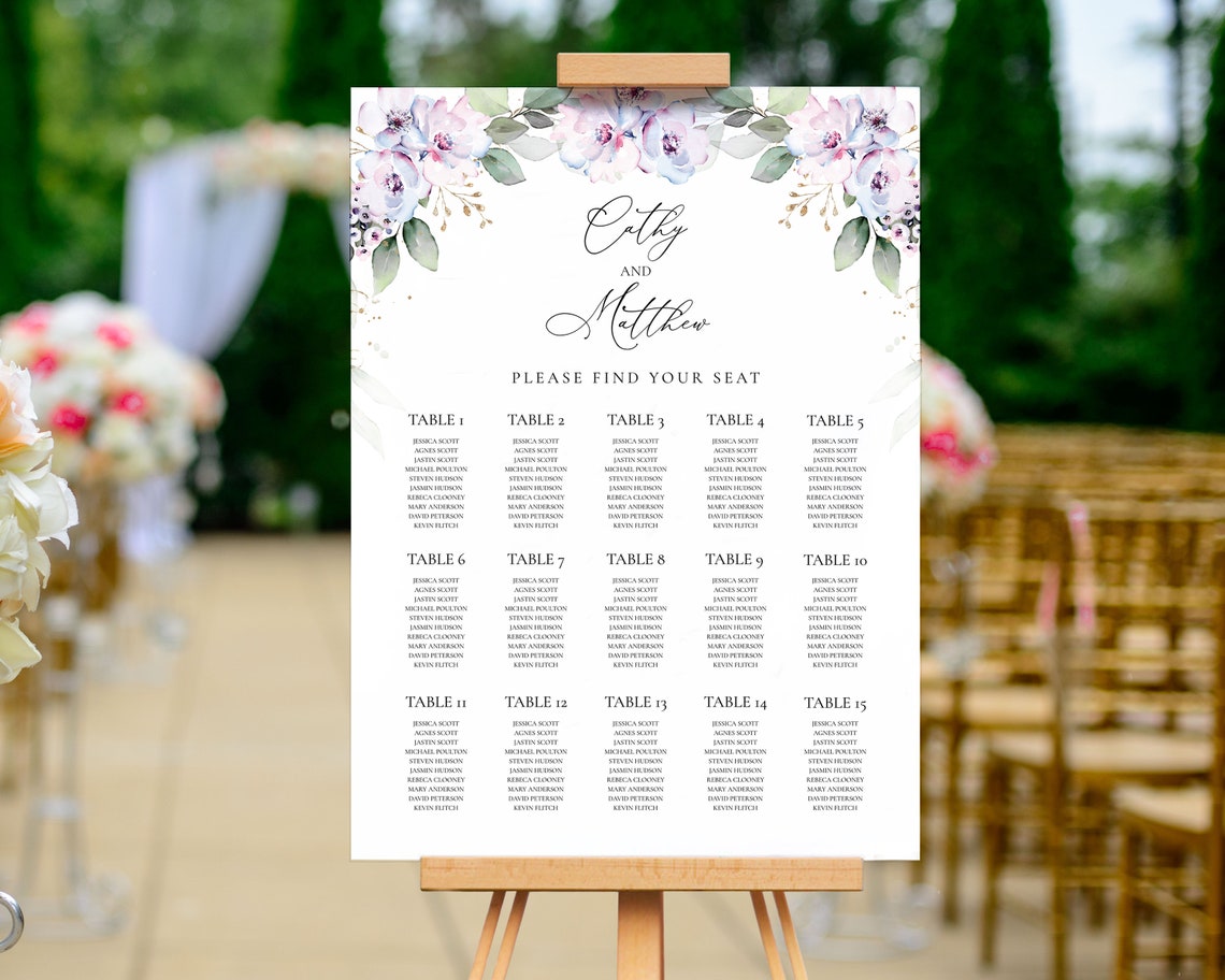 Boho Wedding Seating Chart Template With Lavender Roses - Etsy
