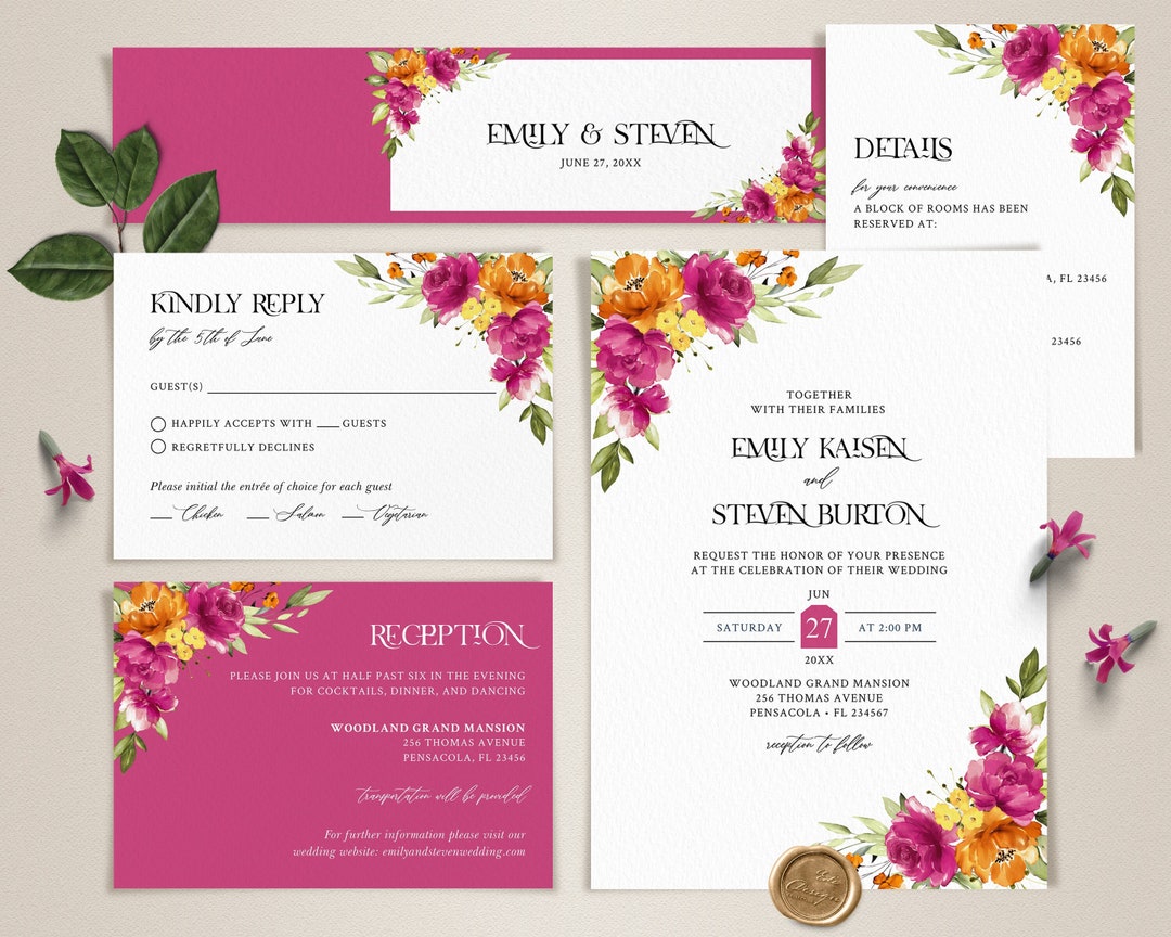 Hot Pink and Orange Wedding Invitation Template Set, Wedding Invite ...