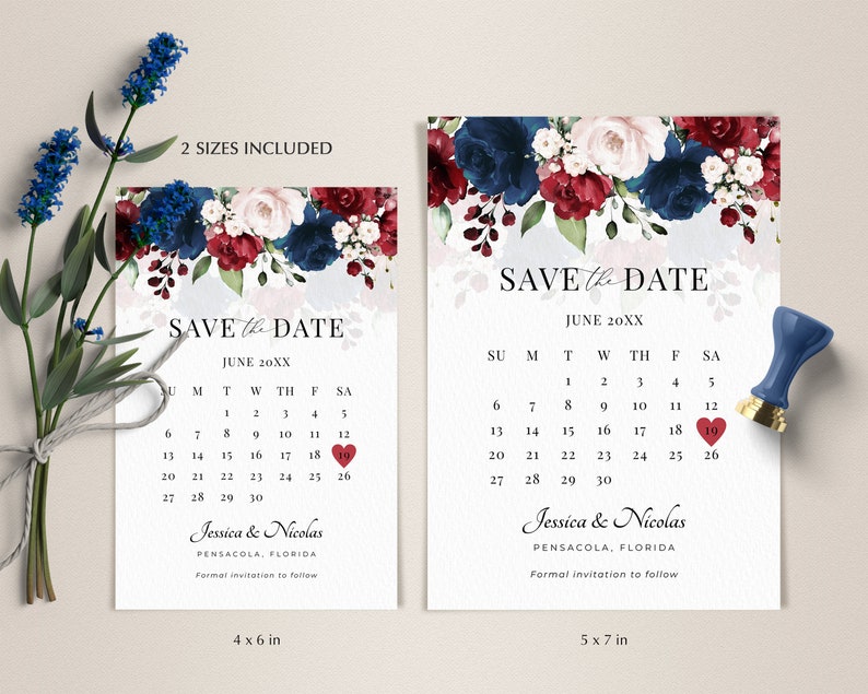 Burgundy and Navy Blue Calendar Wedding Save the Date Template - Etsy