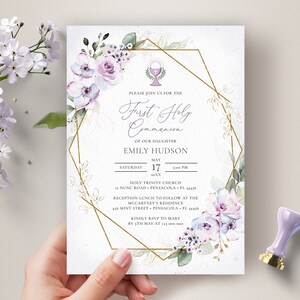 Lavender First Holy Communion Invitation Template • INSTANT DOWNLOAD ...