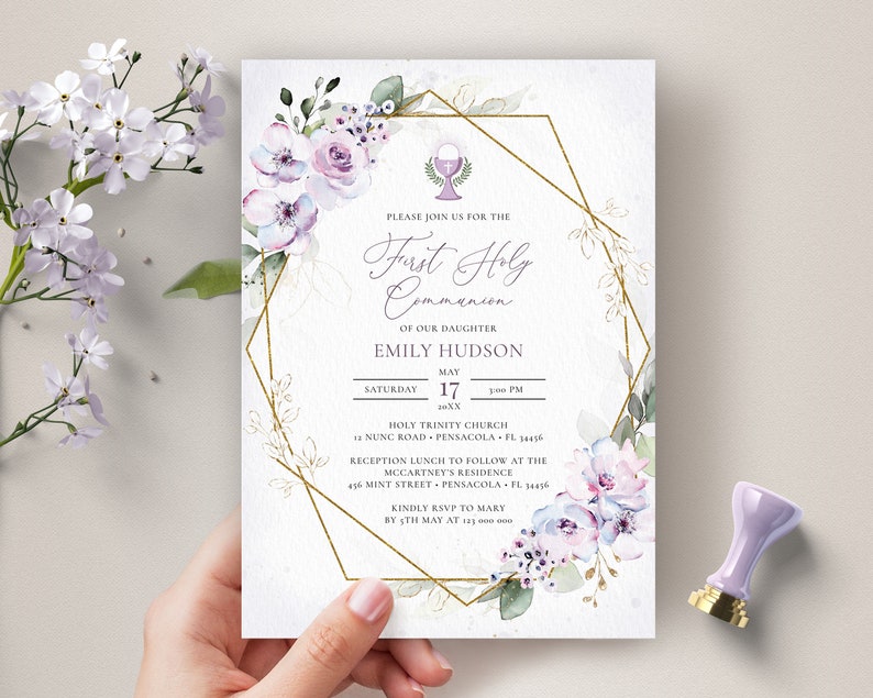 Lavender First Holy Communion Invitation Template INSTANT - Etsy