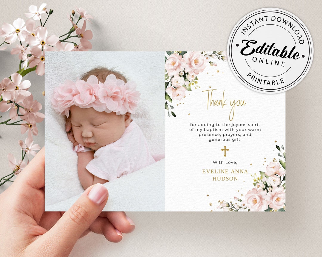 Baptism Thank You Card Template With Blush Pink Roses, Thank You Note ...