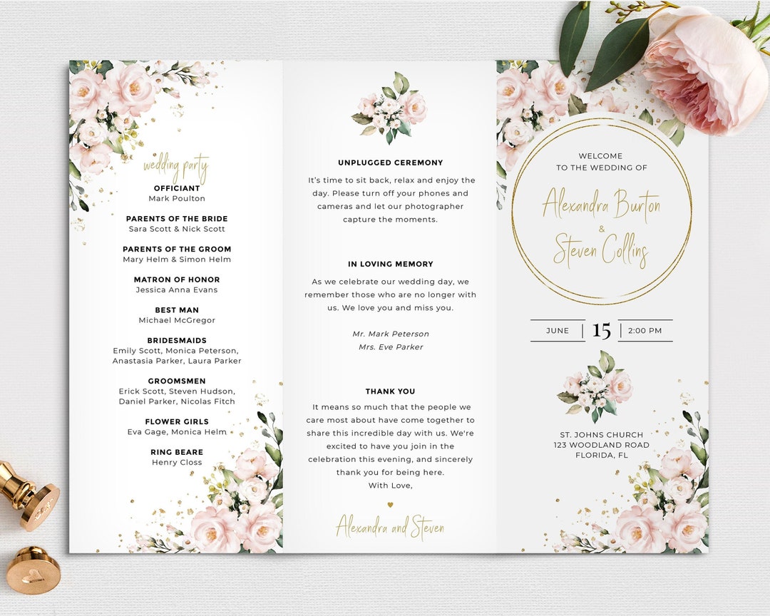 Blush Pink Roses Wedding Program Template, Trifold Brochure (digital ...