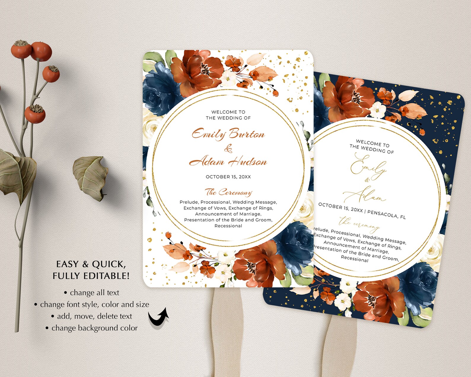 Terracotta, Nave Blue and Ivory Floral Wedding Fan Program Template ...
