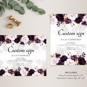 Purple Wedding Custom Sign Template, Portrait and Landscape Dark Plum ...