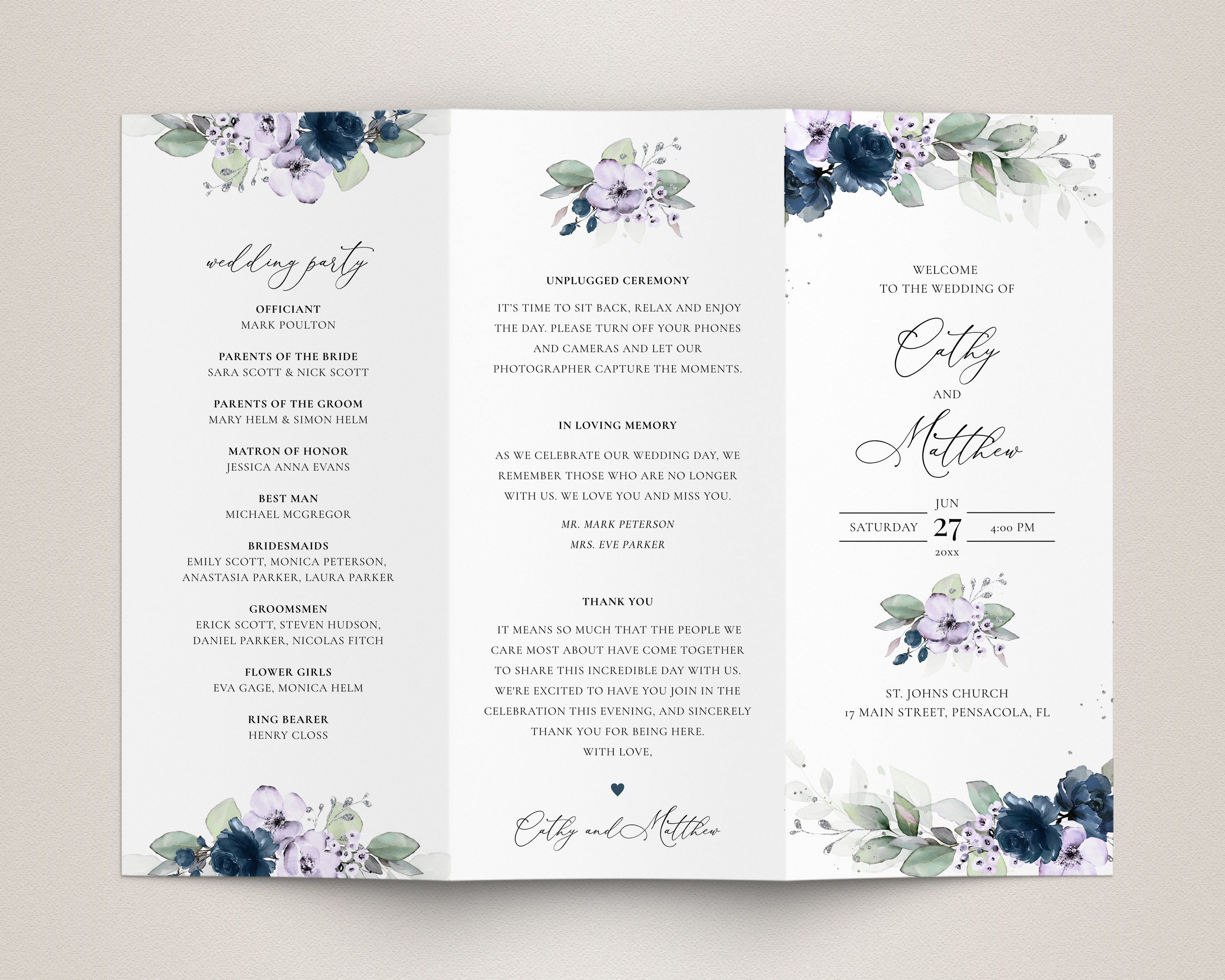 Trifold Wedding Program Template With Navy Blue and Lavender - Etsy