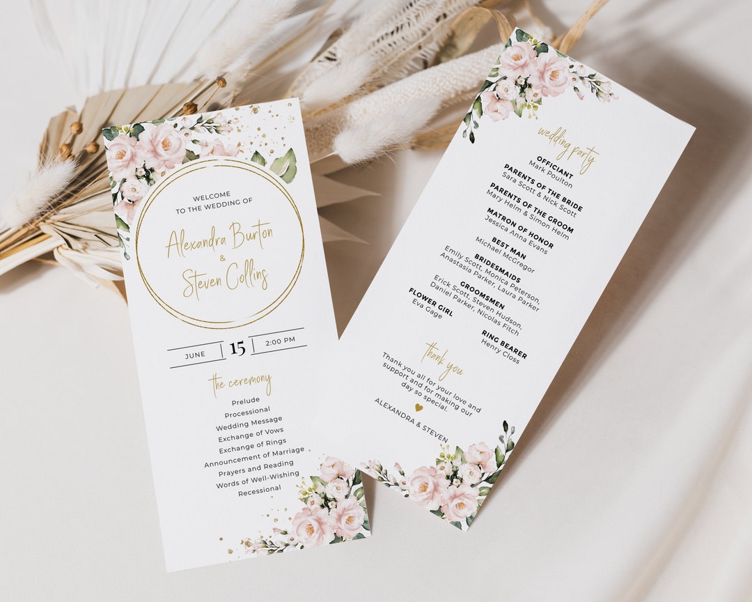 Blush Pink Wedding Program Template, Pink Floral Wedding Order of ...