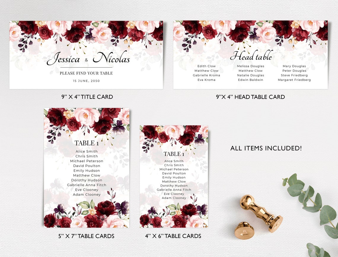 Burgundy Wedding Seating Table Cards, Marsala Find Your Table , Seat ...