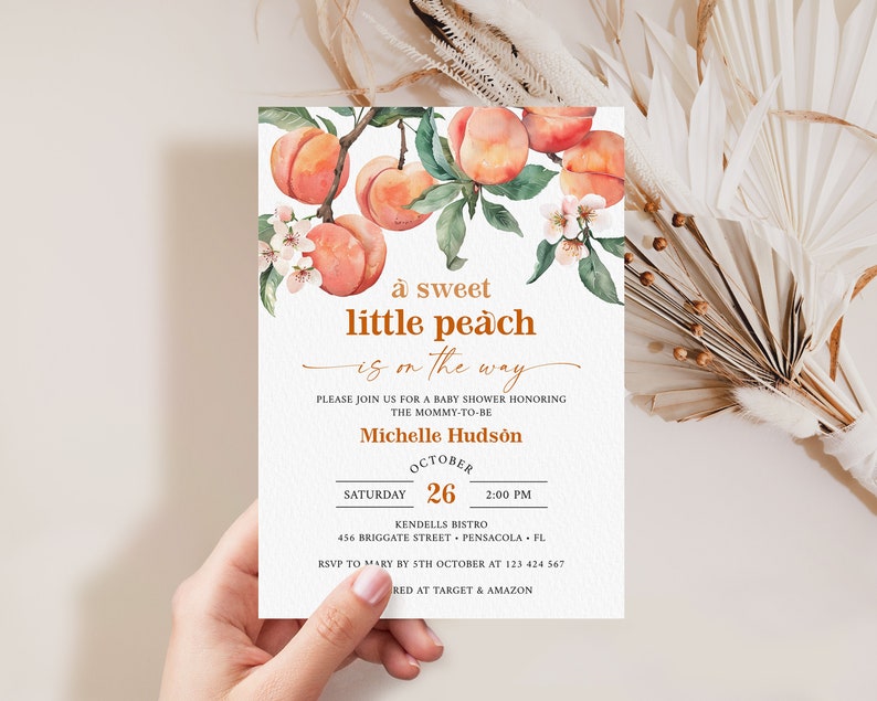 Peach Baby Shower Invitation Template Set, A Sweet Little Peach ...