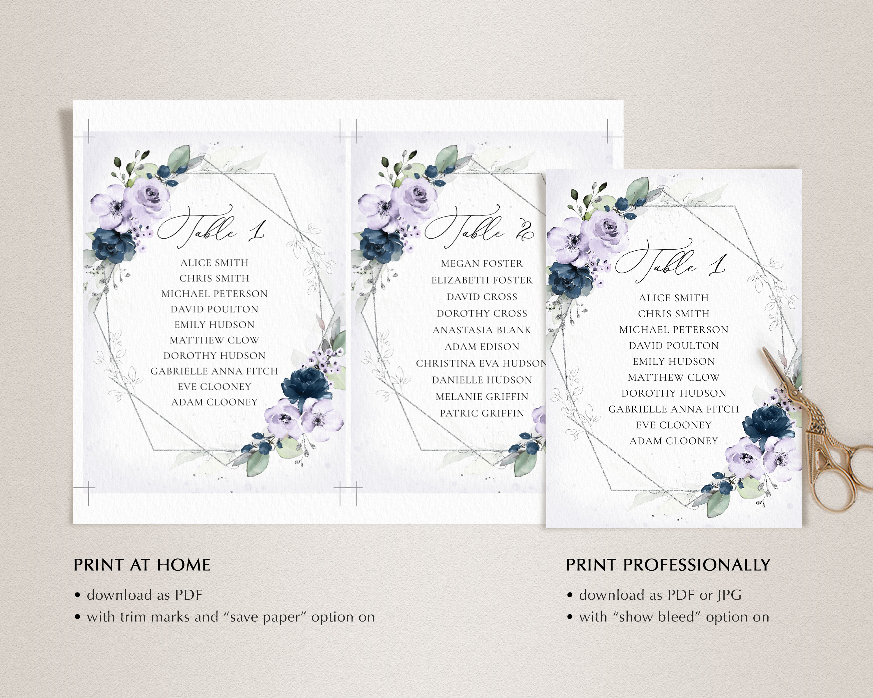 Navy Blue and Lavender Wedding Seating Table Cards Template - Etsy