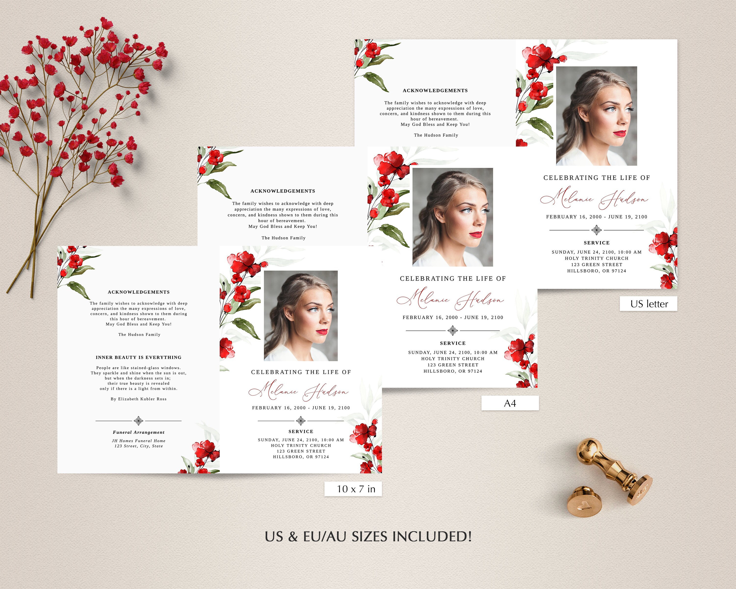 Printable Red Floral Funeral Program Template Memorial - Etsy Canada