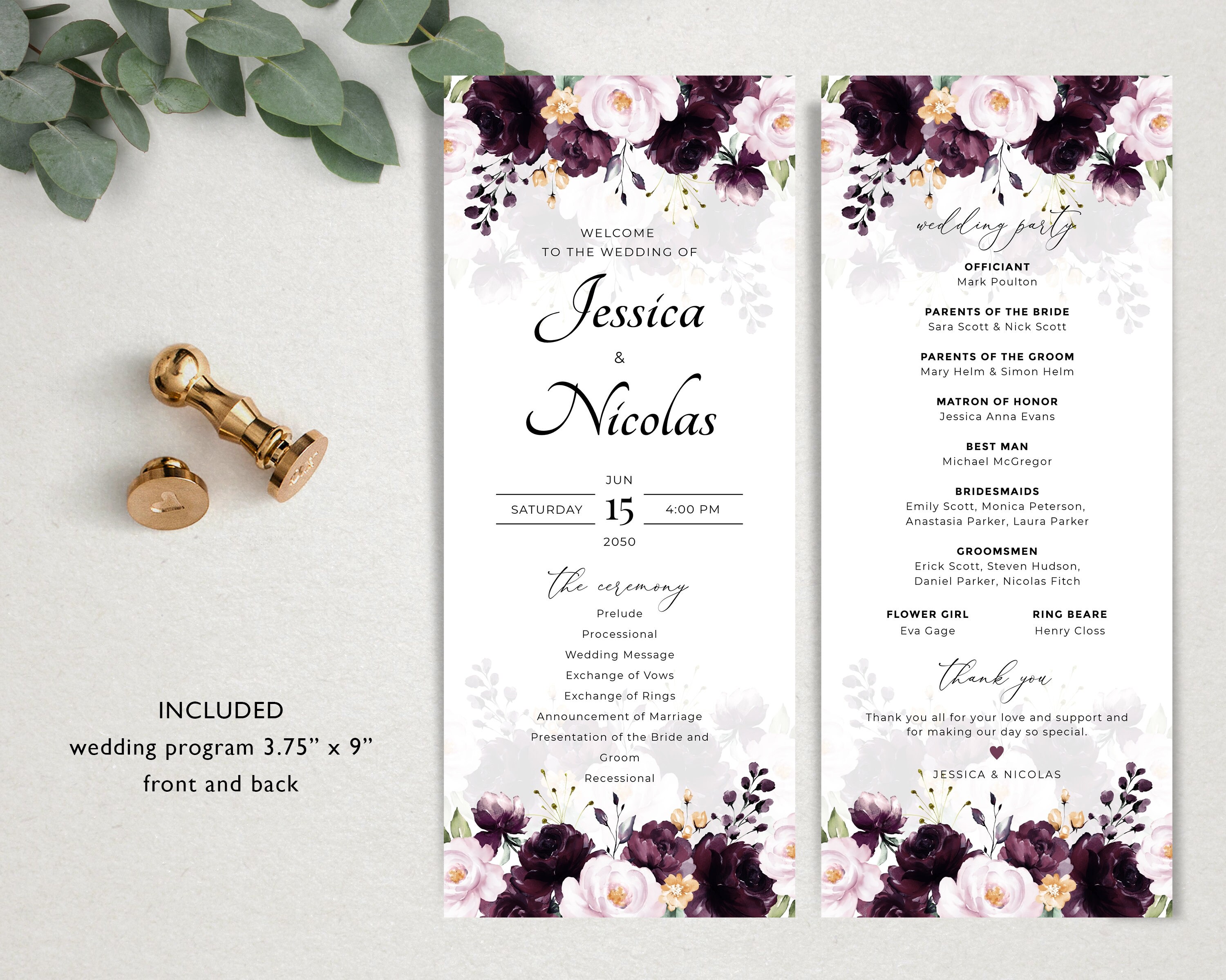 Wedding Program Template With Purple Roses Dark Plum Wedding | Etsy