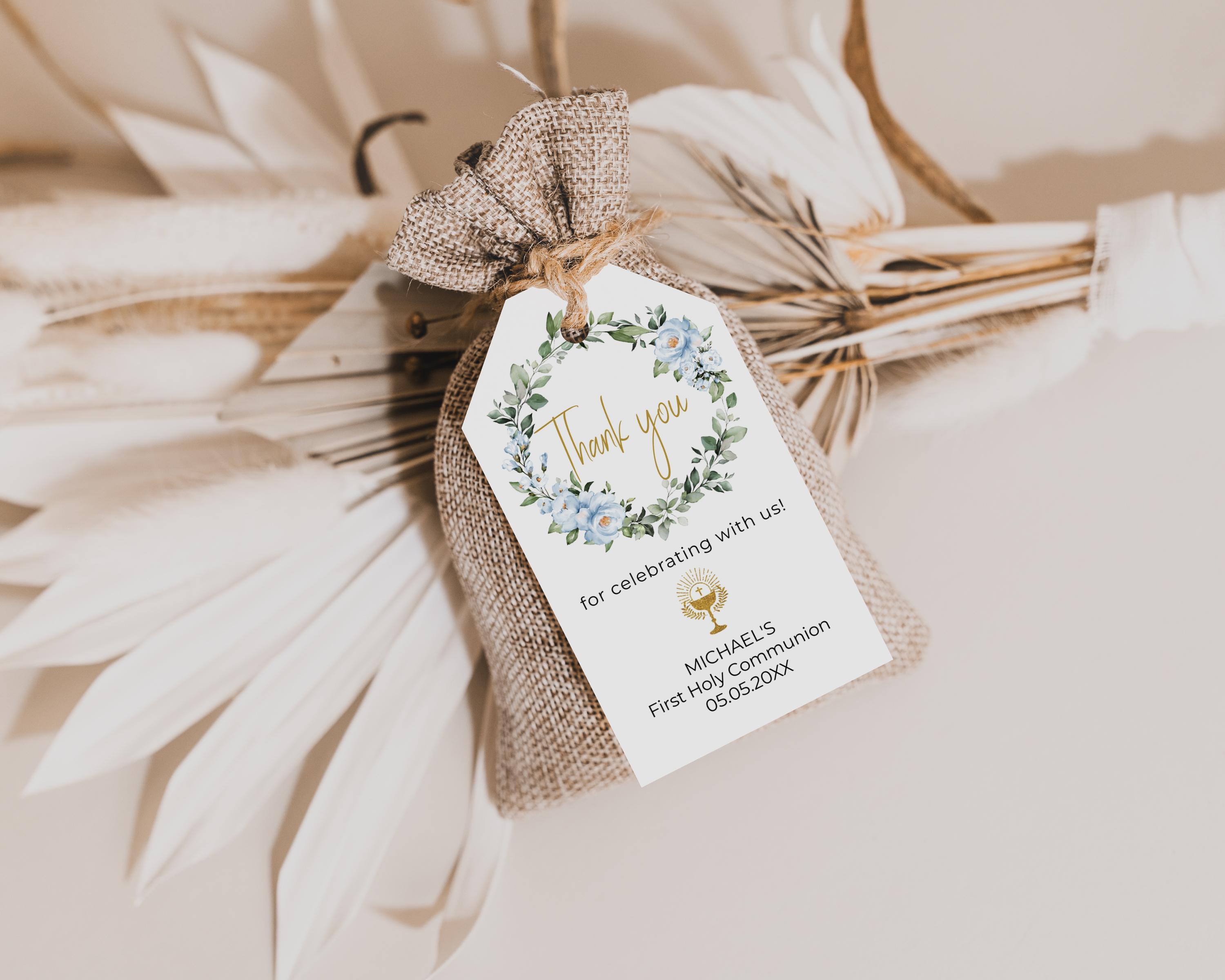 First Holy Communion Favor Tag Template With Blue Roses, Thank You ...