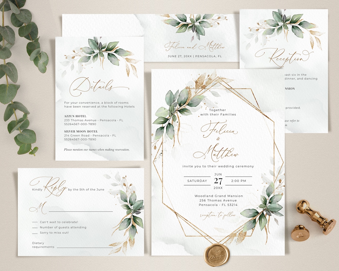 Greenery Wedding Invitation Template Set, Greenery Wedding Invitation ...
