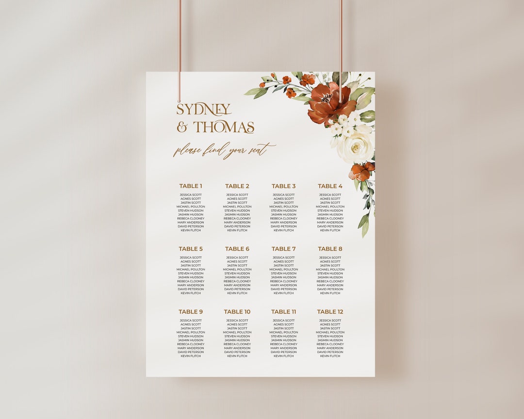 Terracotta and Ivory Wedding Seating Chart Template, Table Arrangement ...