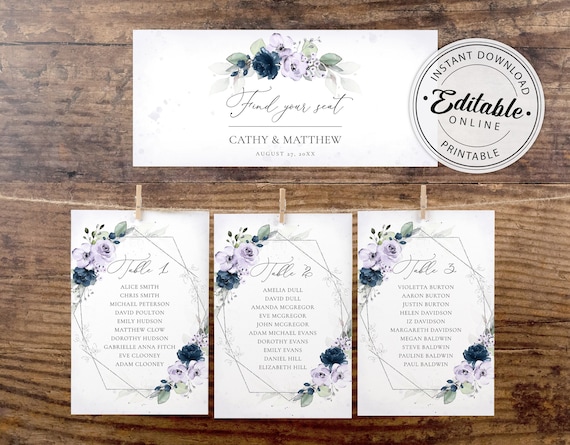 Navy Blue and Lavender Wedding Seating Table Cards Template - Etsy