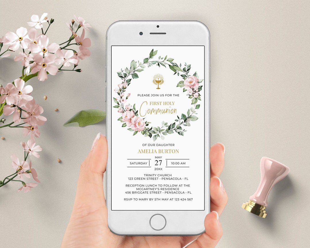 Electronic First Holy Communion Invite Template With Light Pink Roses ...