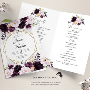 Folded Wedding Program Template With Purple Roses, Dark Plum Wedding ...